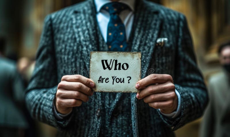 Close Up of a Man in a Suit Holding a Card with Who are You? Printed on ...