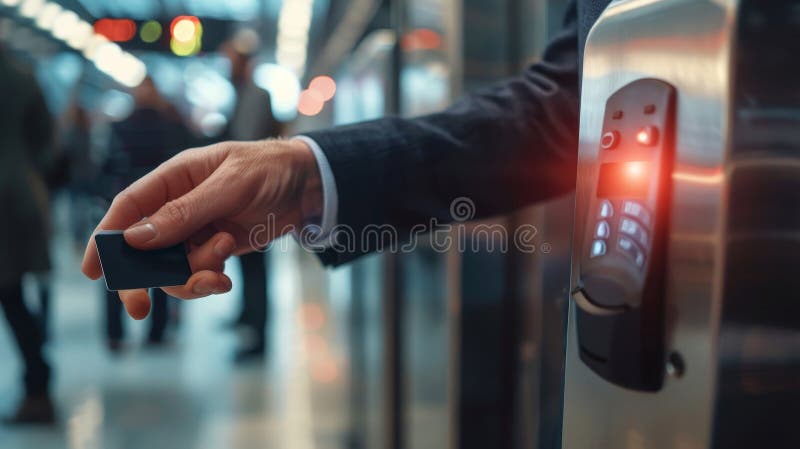 Close Up of Man Swiping Pass Card at Office Security Checkpoint for ...