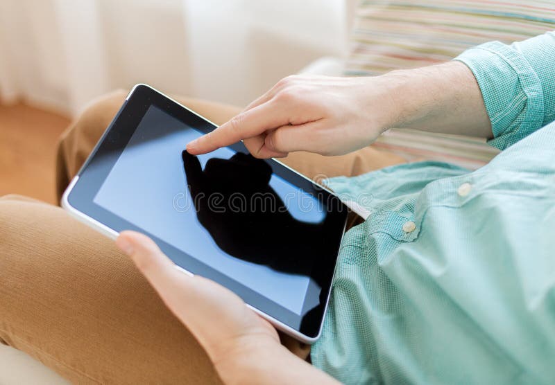 Close Up of Man with Tablet Pc Computer at Home Stock Image - Image of ...