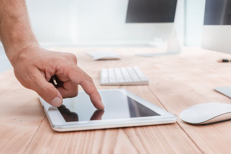 Close Up. Man Tapping on the Digital Tablet Screen Stock Image - Image ...