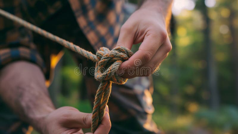 Close-up of a Man Tying a Knot in a Rope in a Forest, AI-generated ...