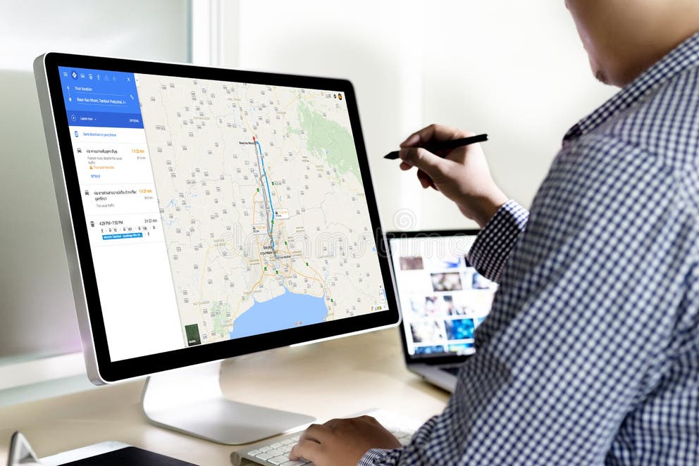 Close Up of Man Use and Computer Stock Image - Image of maps ...