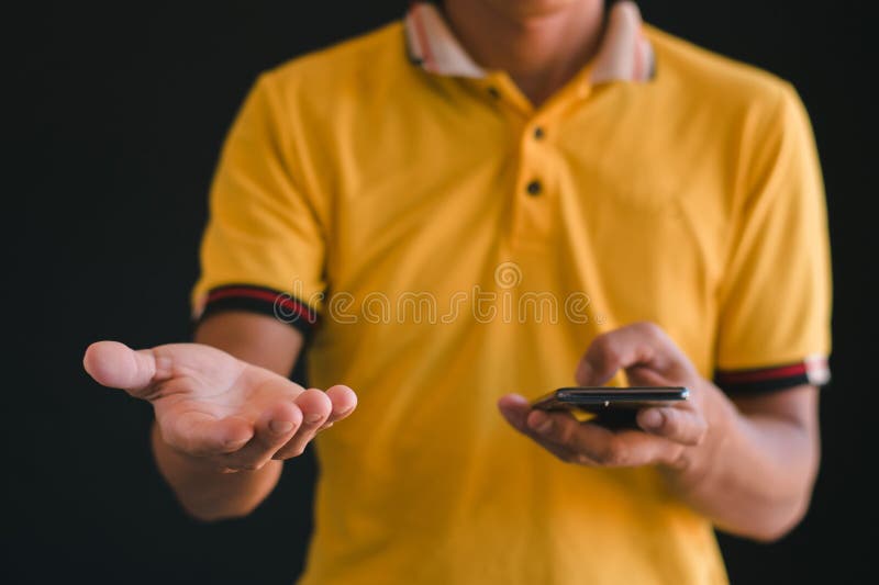 Close-up of a Man Using a Cell Phone with Open Hand and Extending His ...