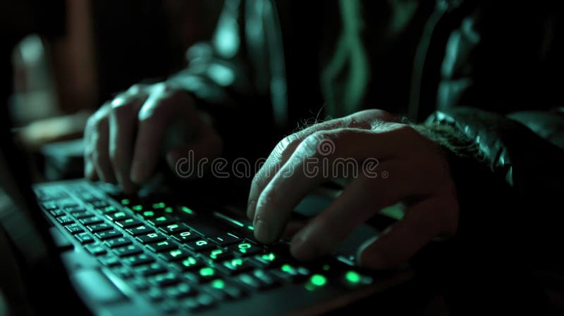 Close-up of Man Using Laptop with Green Backlit Keyboard Stock Photo ...