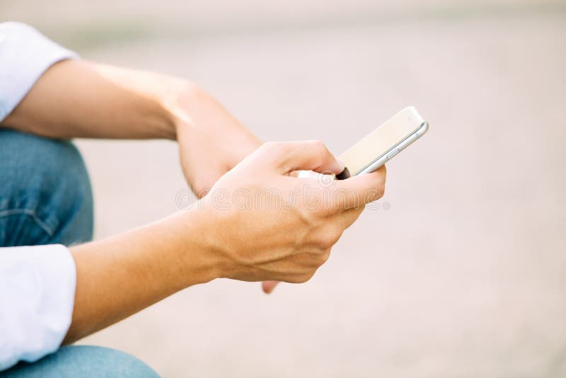 Close Up of a Man Using Mobile Smart Phone Stock Photo - Image of ...