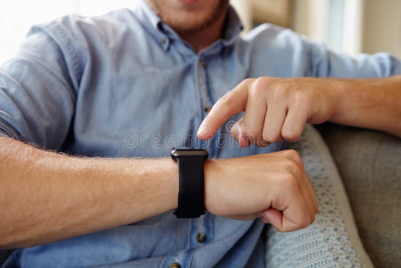 Close Up of Man Wearing Smart Watch Stock Photo - Image of screen ...