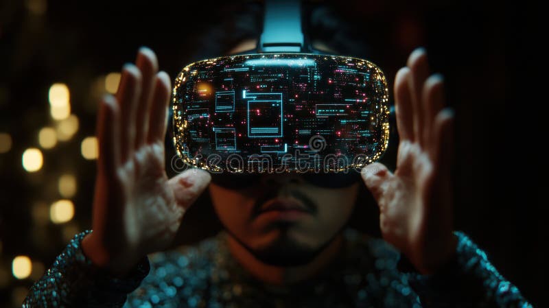 Close-up of a Man Wearing a Virtual Reality Headset Displaying a ...