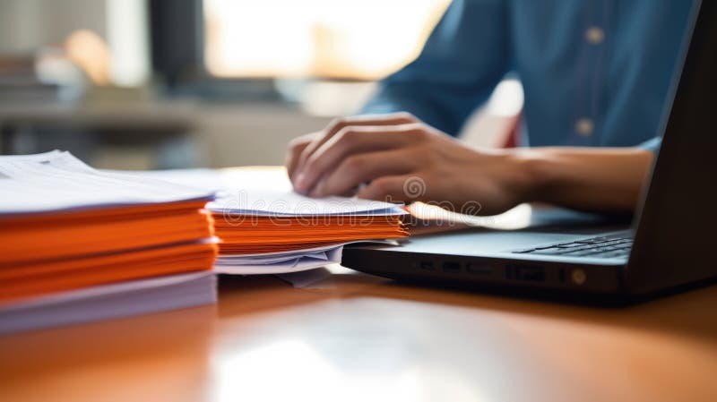 Close-up of a Man Working with a Stack of Documents and Reports on His ...