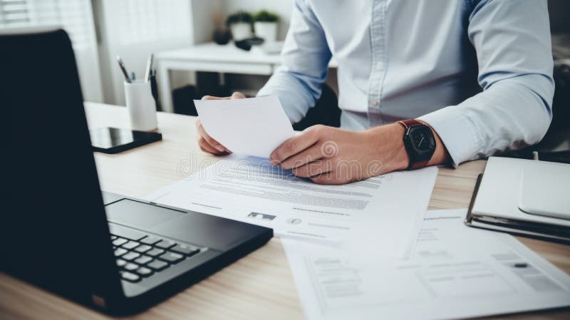 Close-up of a Man Working with a Stack of Documents and Reports on His ...