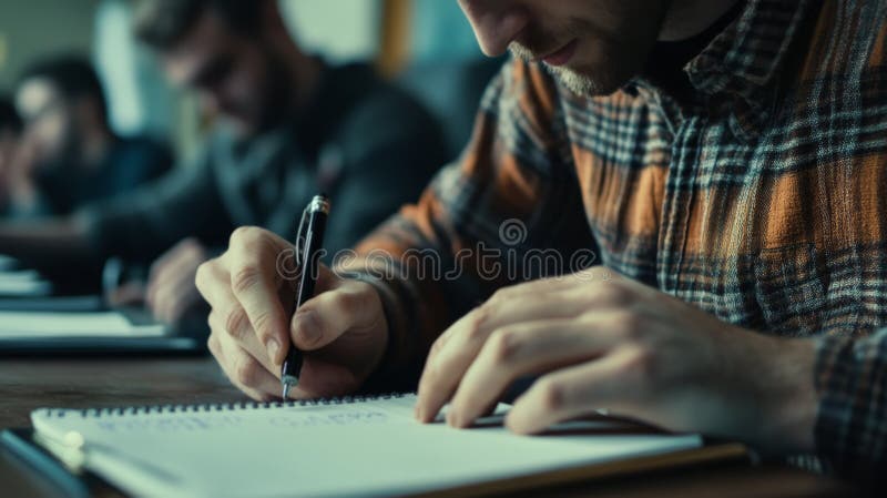 Close-up of Man Writing Notes in a Notebook Stock Illustration ...