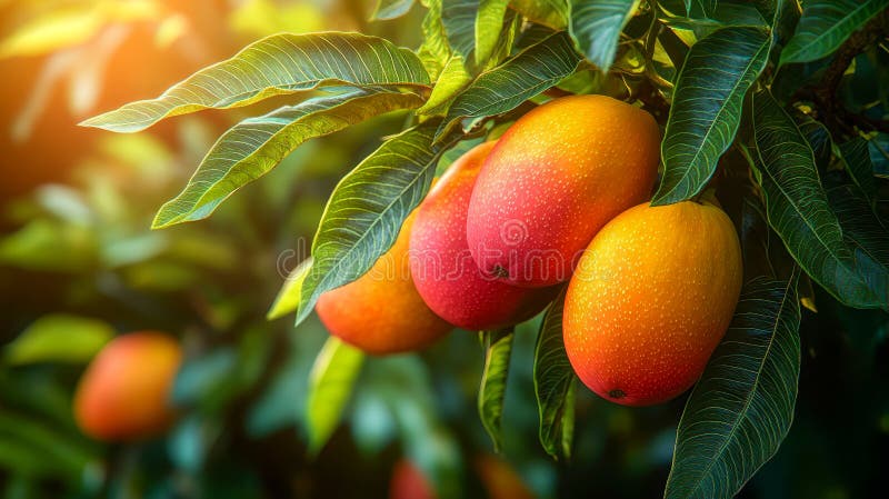 Close-up of a Mango Tree Branch with Ripe Mango Fruits Hanging on it ...