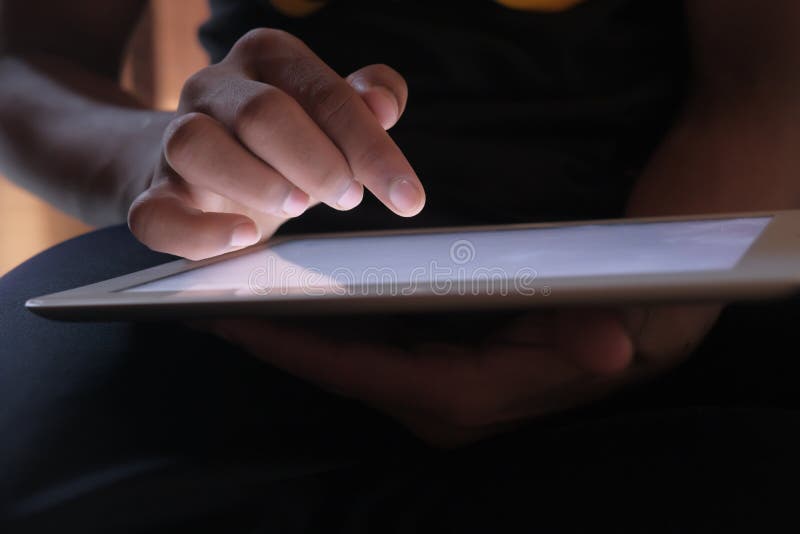 Close Up of Mans Finger Touching Digital Tablet Screen Stock Photo ...