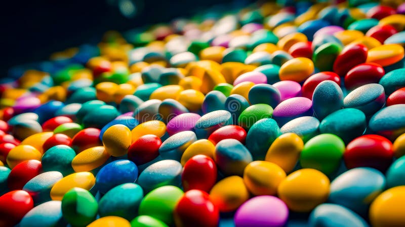 Close Up of Many Different Colored Candies on Table with Blurry ...