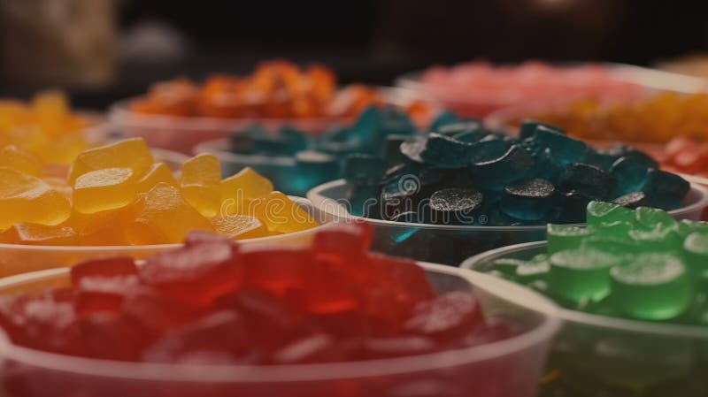 A Close Up of Many Different Colored Gummy Bears in Plastic Cups Stock ...