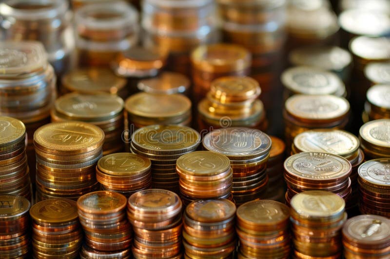 Lot of Stacks of Different Coins are Sitting on a Surface Stock Photo ...