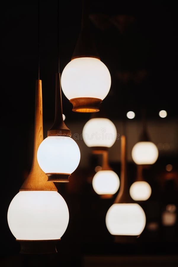 Close Up Many Yellow Lamp in Cafe at Night Stock Photo - Image of ...