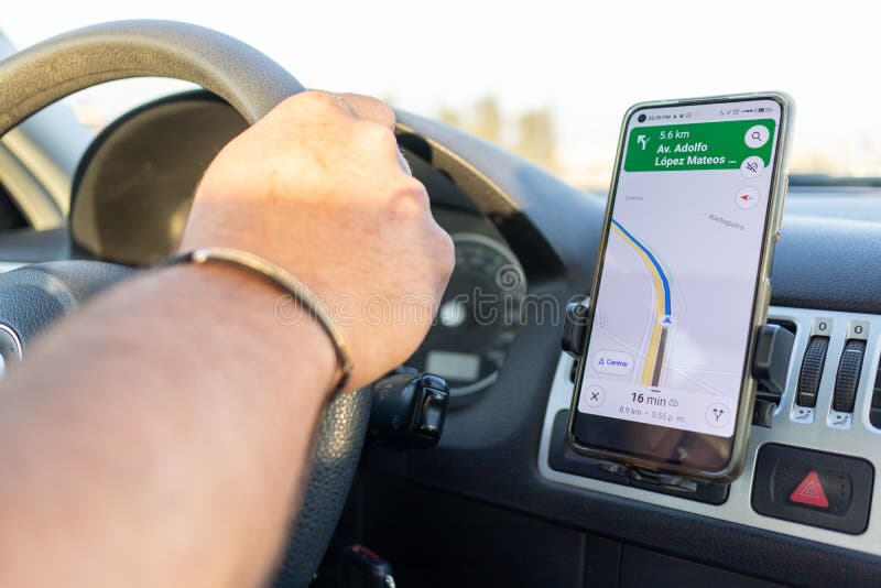 Close Up of a Map in a Smart Phone Mobile Device into a Car, with a ...