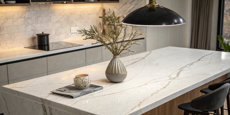 Kitchen Marble Bench Close Up with Black Hanging Pendant and Vase Stock ...