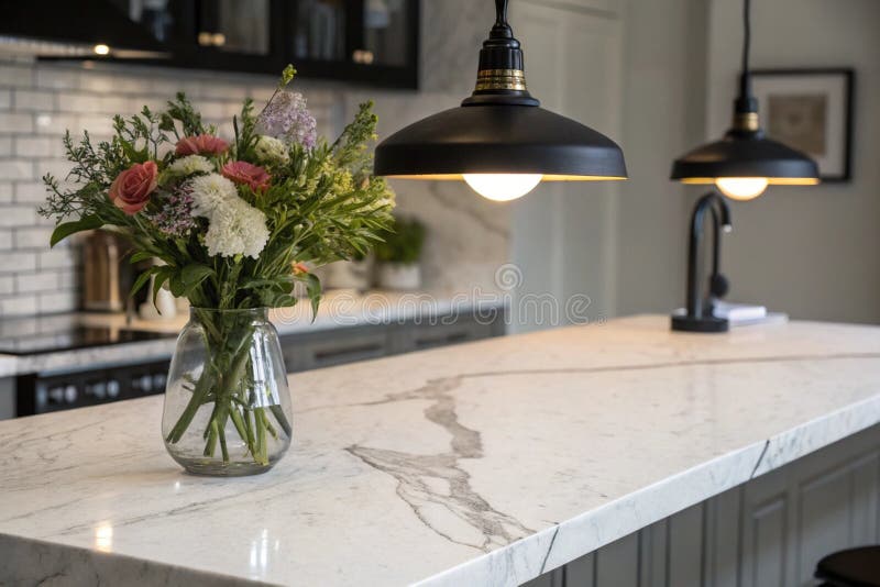Kitchen Marble Bench Close Up with Black Hanging Pendant and Vase Stock ...