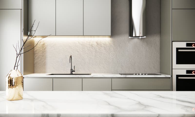Close-up Marble Table Top in White Modern Kitchen Interior Design. Mock ...