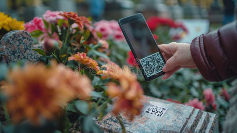 Close-up of Marble Tombstone with QR Code, Smartphone Scanning, Blurred ...