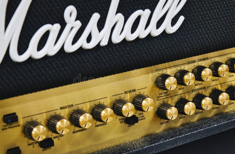 Close-up of a Marshall Stack Amplifier Head Showing the White Logo on ...