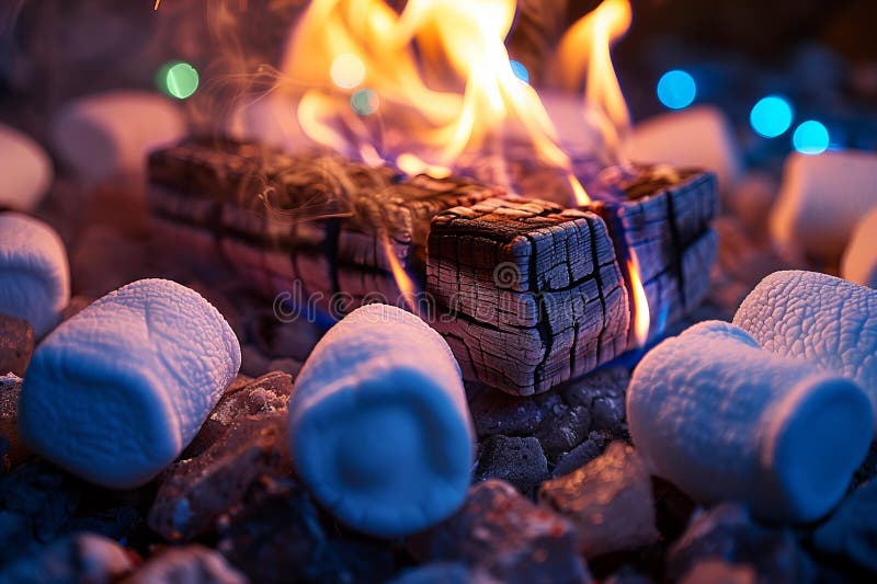 Close Up of Marshmallows on Fire with Blue and Green Lights in the ...
