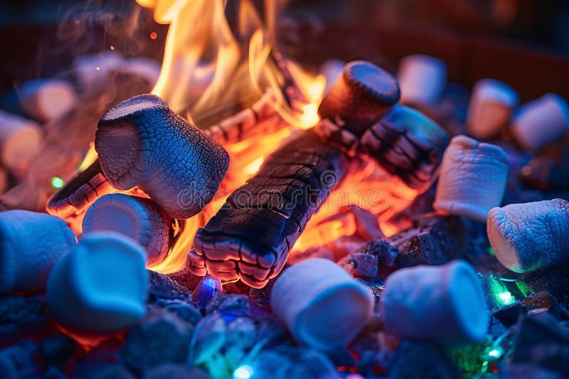 Close Up of Marshmallows on Fire with Blue and Green Lights in the ...