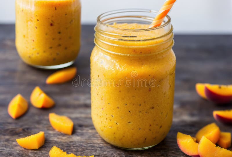 Close-up of a Mason Jar Filled with Mango Peach Smoothie, Garnished ...