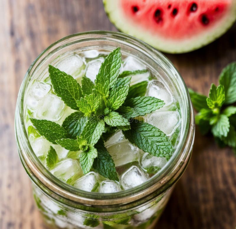 Close-up of a Mason Jar Filled with Watermelon Mint Cooler, Garnished ...
