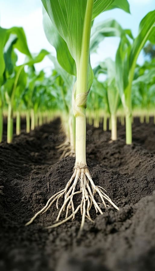 Close-up of Maturing Maize Corn Stalk Revealing Roots and Underground ...
