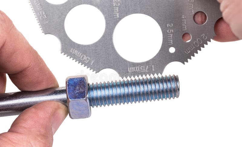 Measurement by Pitch Gauge in Detail Stock Photo - Image of bolt ...