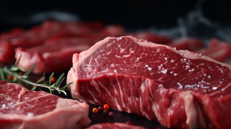 Close Up Meat Beef Ribeye Raw Steak with Salt and Herbs. Stock ...