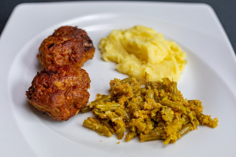 Close Up Meatballs,mashed and Green Beans Potatoes in Plate Stock Photo ...