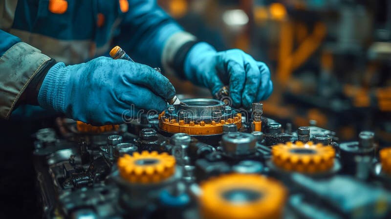 Close-up of Mechanic Hands in Gloves Assembling Engine Components with ...