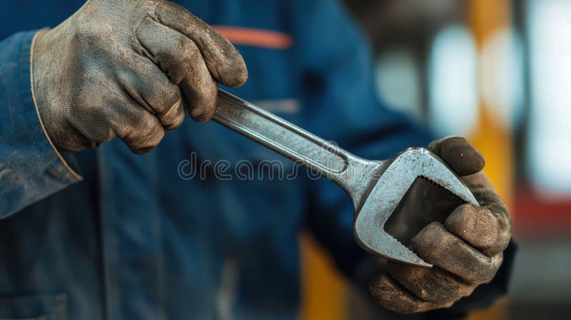 Mechanic Hands Holding Adjustable Wrench in Workshop Stock Image ...