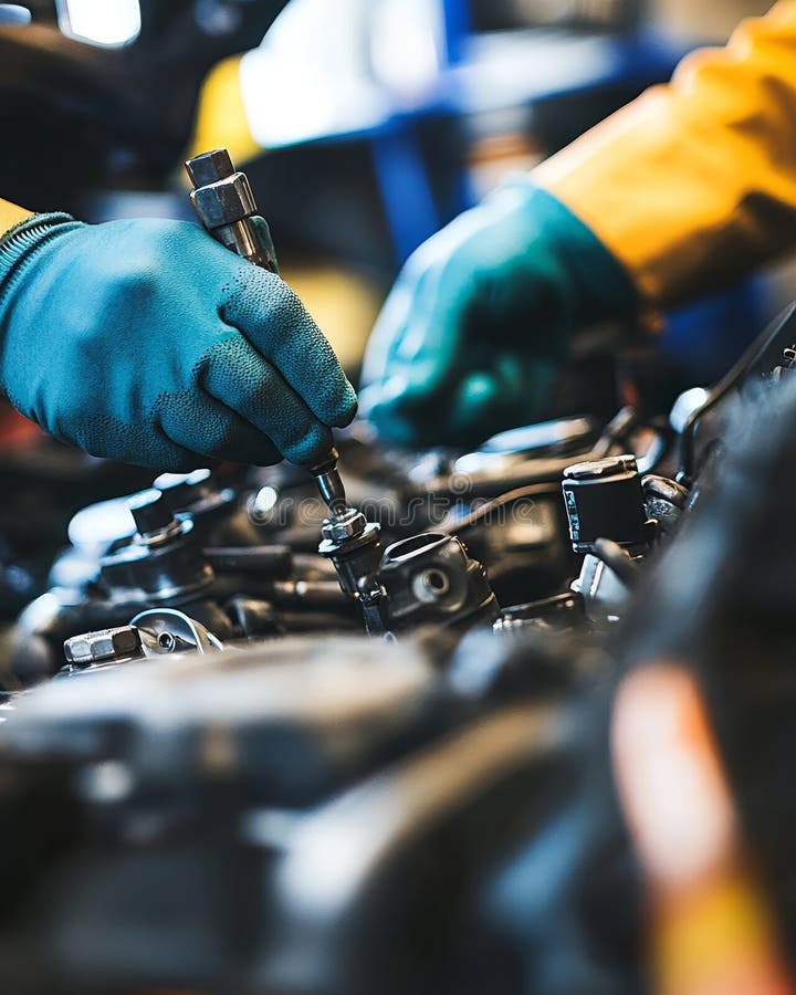 Close-up of Mechanic S Gloved Hands Using Tools on Car Engine Parts ...