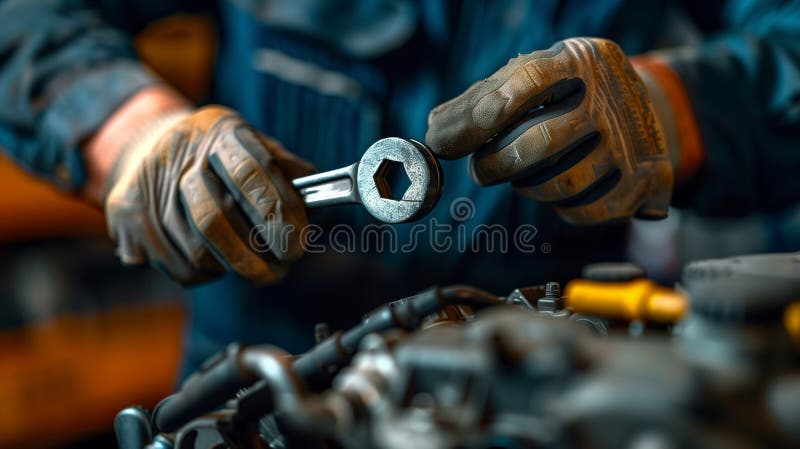 Close-up of a Mechanic S Hands Using a Wrench on an Engine Stock Image ...
