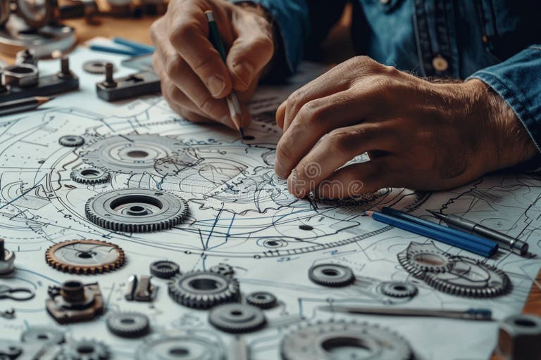 Closeup of a Mechanical Engineers Hand Drafting a Complex Gear System ...