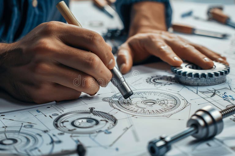 Closeup of a Mechanical Engineers Hand Drafting a Complex Gear System ...