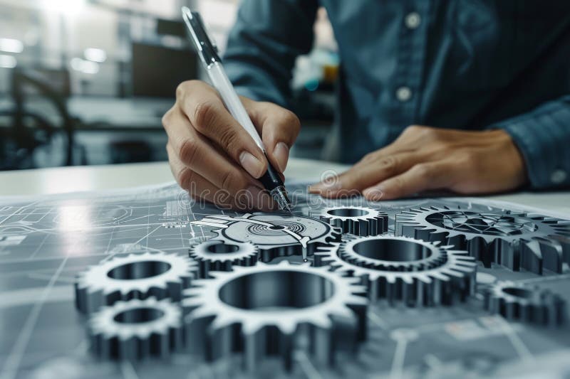 Closeup of a Mechanical Engineers Hand Drafting a Complex Gear System ...