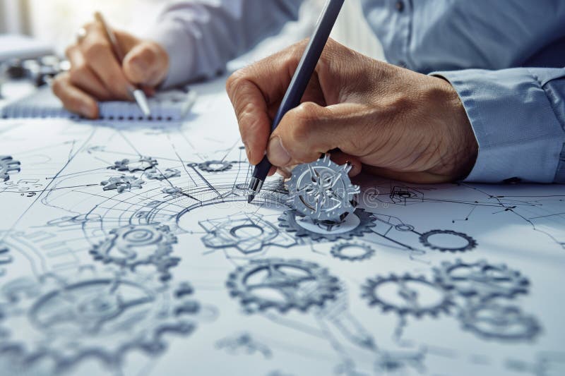 Closeup of a Mechanical Engineers Hand Drafting a Complex Gear System ...