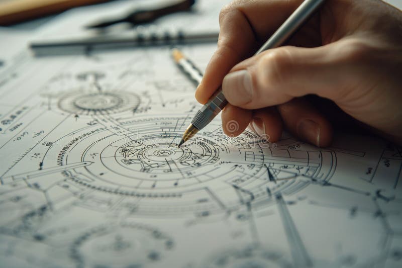Closeup of a Mechanical Engineers Hand Drafting a Complex Gear System ...