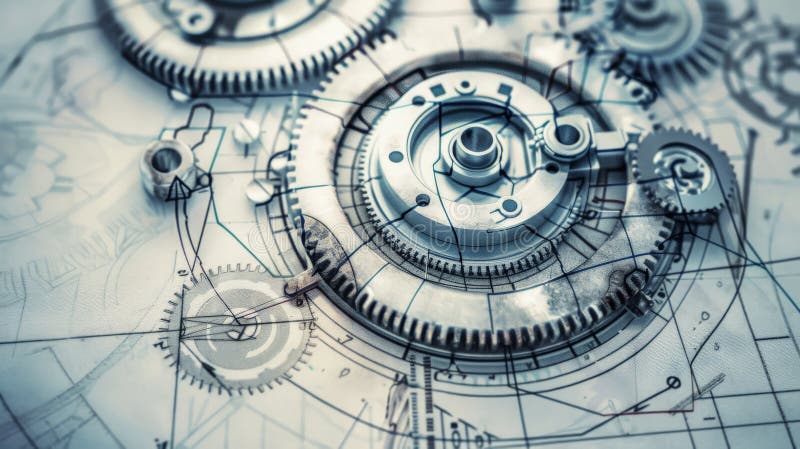 Close-up of Mechanical Gears on a Technical Blueprint Background ...