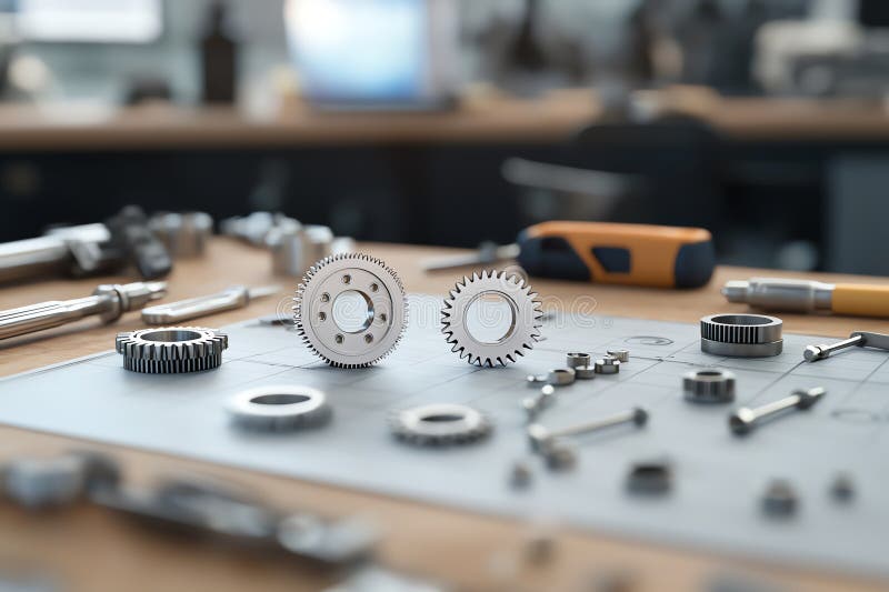 Closeup of Mechanical Gears and Tools on a Workbench in a Workshop ...