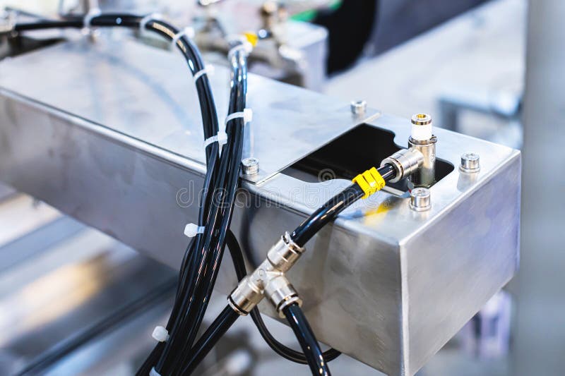 Close-up of Mechanical Pneumatic Equipment Elements in Manufacturing ...