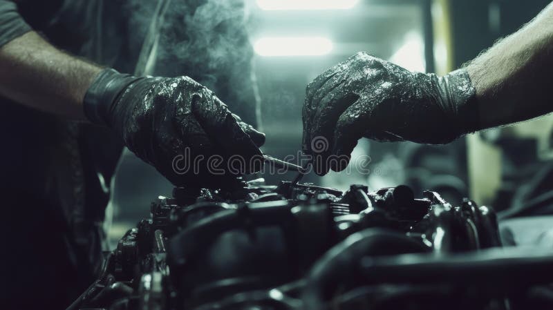 Close Up of Mechanics Hands Working on a Car Engine, Using Tools in a ...