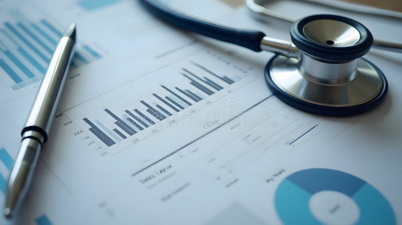 Close-Up of Medical Charts with Stethoscope and Pen on Desk Stock ...