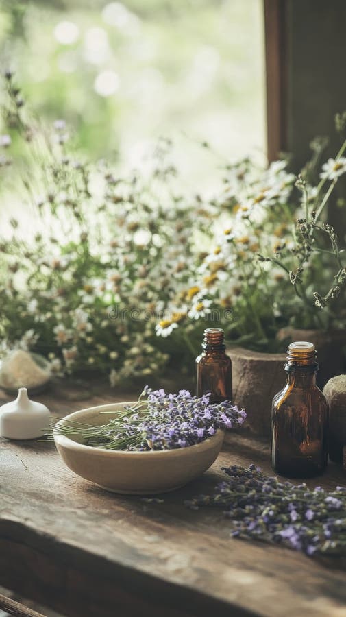 Close-up of Medicinal Plants and Essential Oils on a Rustic Table, Soft ...
