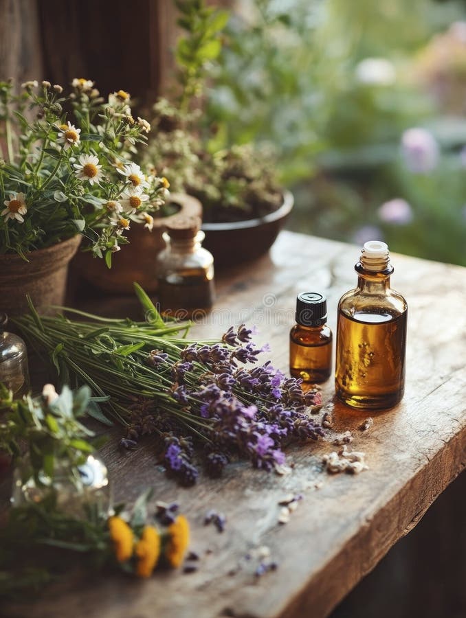 Close-up of Medicinal Plants and Essential Oils on a Rustic Table, Soft ...